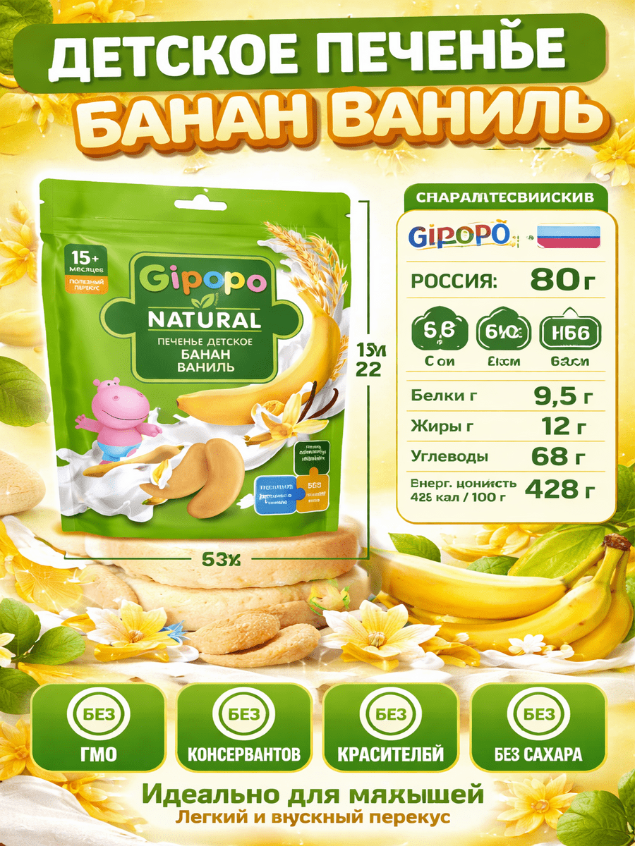 Печенье детское Gipopo Пшеничное Банан и ваниль с 6 месяцев, 80г