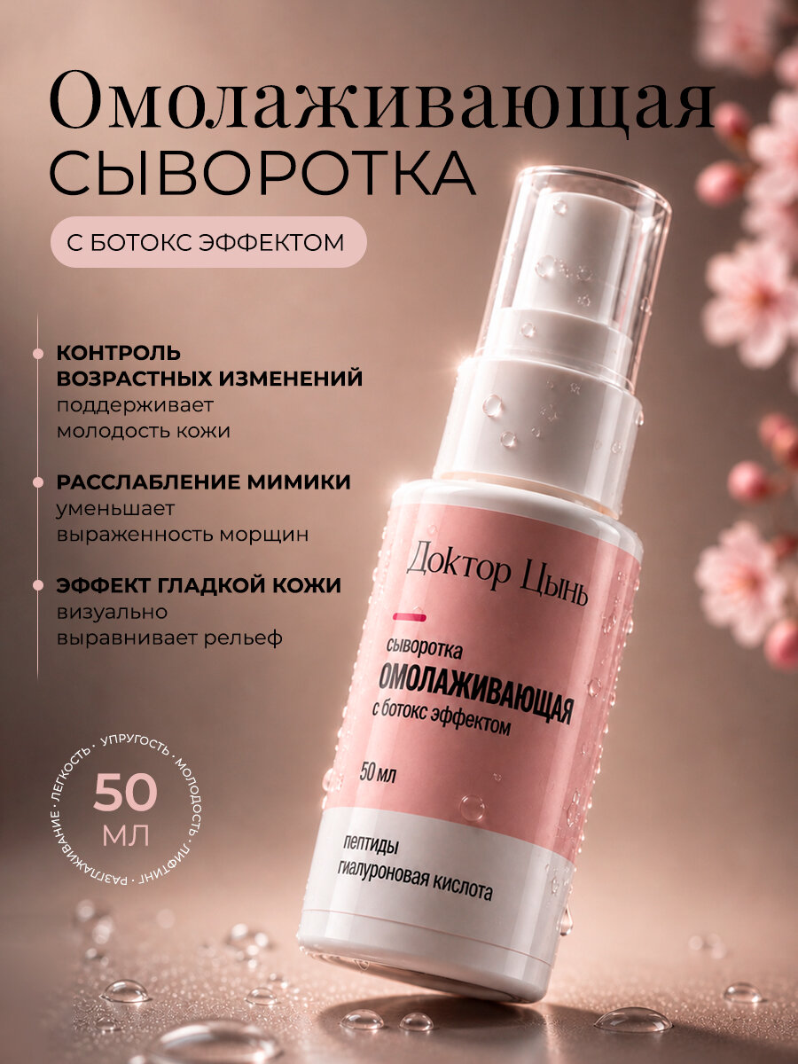 Омолаживающая сыворотка для лица с пептидами, эффект ботокса, гиалуроновая кислота, 50 мл. Сыворотка омолаживающая с ботокс эффектом.