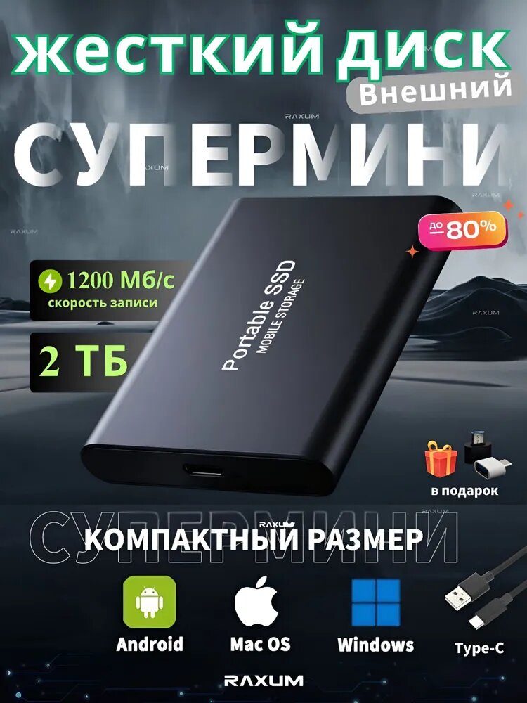 Raxum 2 ТБ Внешний жесткий диск (Portable SSD PRO 2TB), Металл, черный матовый