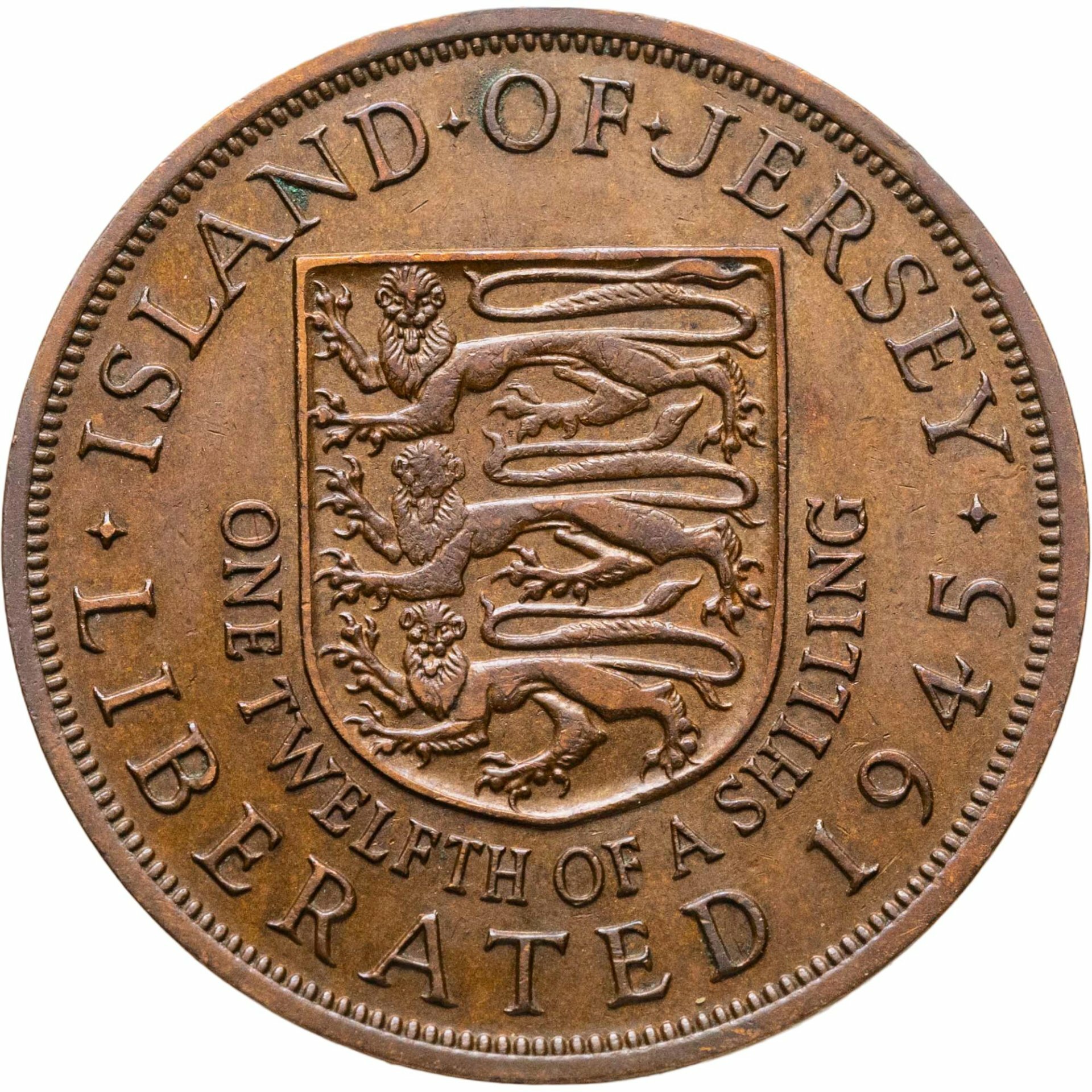 Джерси 1/12 шиллинга (shilling) 1945 Освобождение - королева Елизавета II (выпуск 1954 года)