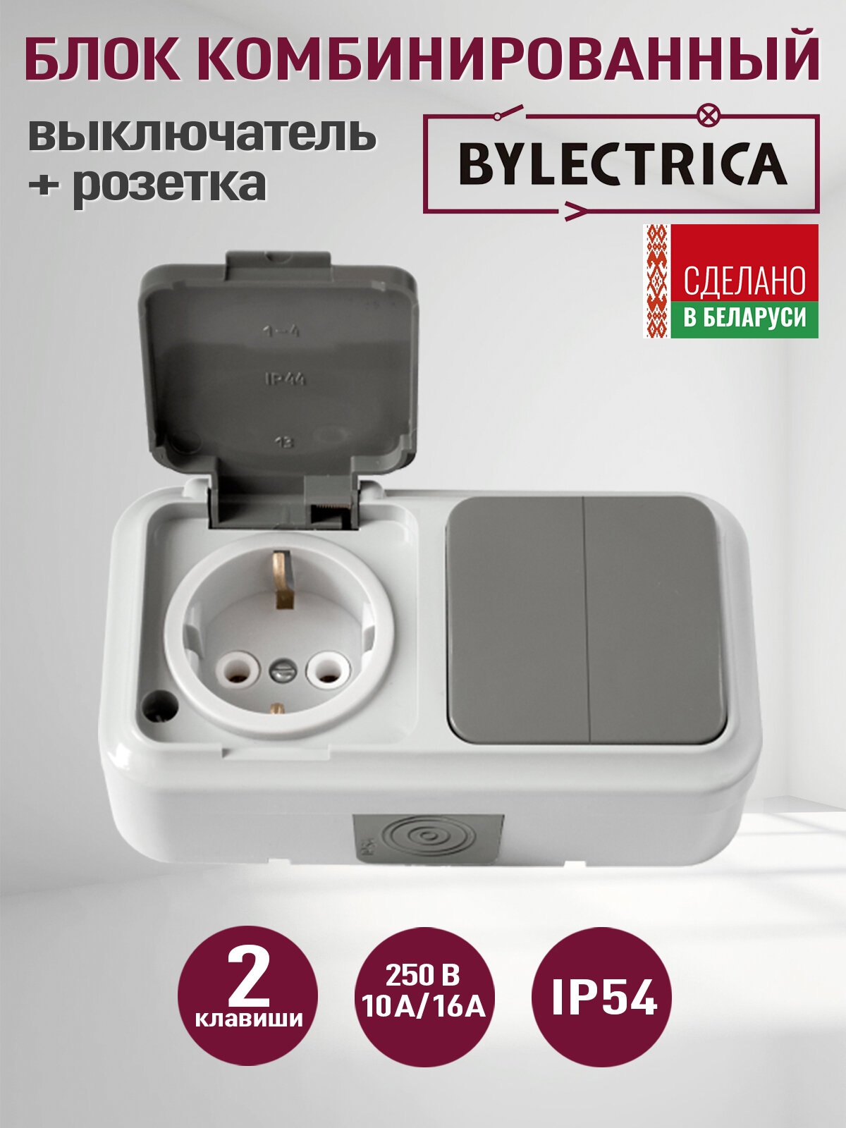 Бло-розетка с двумя клавишами, серая, IP 54, с заземлением BYLECTRICA
