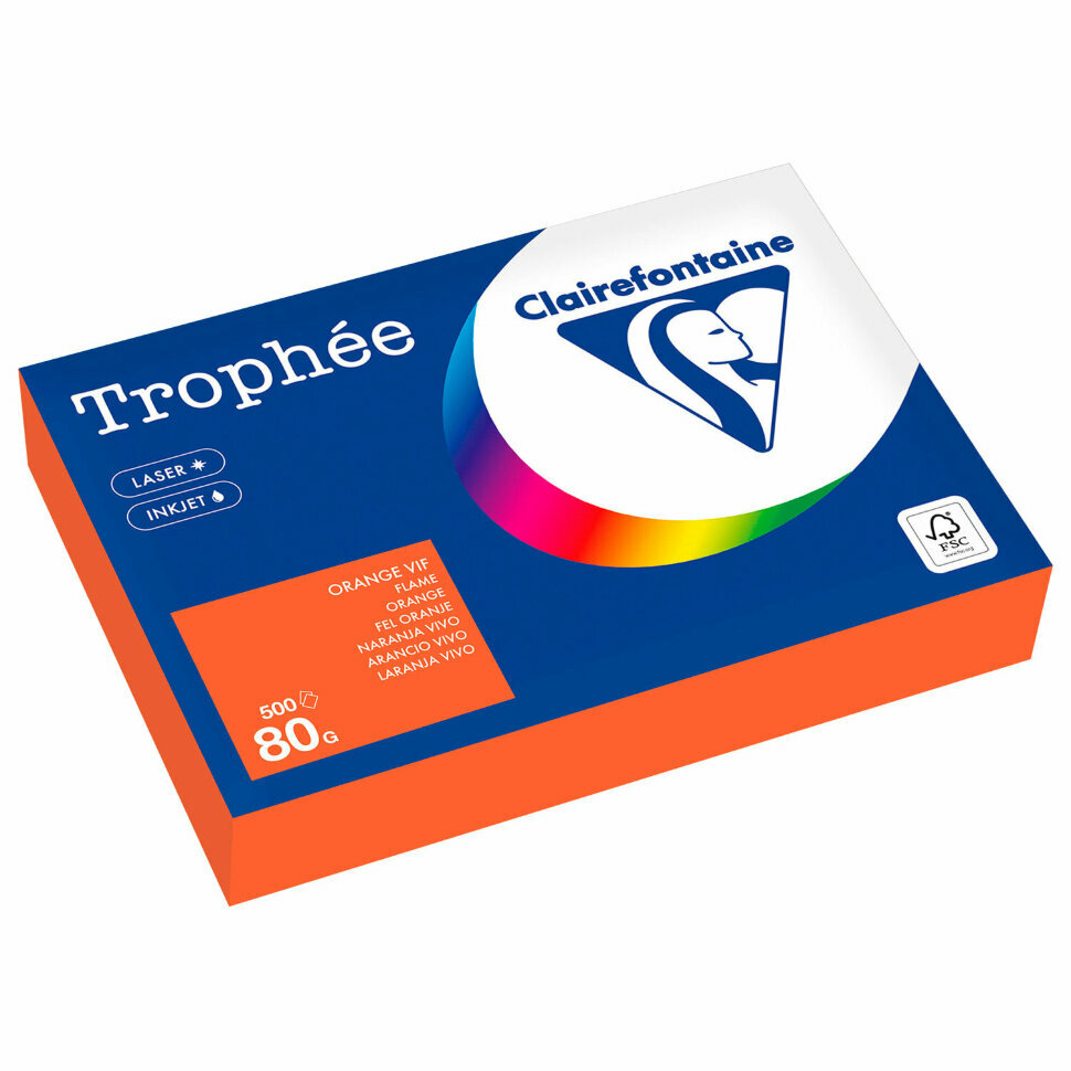 Бумага цветная CLAIREFONTAINE, А4, 80 г/м2, 500 л, интенсив, ярко-оранжевый, Франция, 1761C, 1761PC, 116717