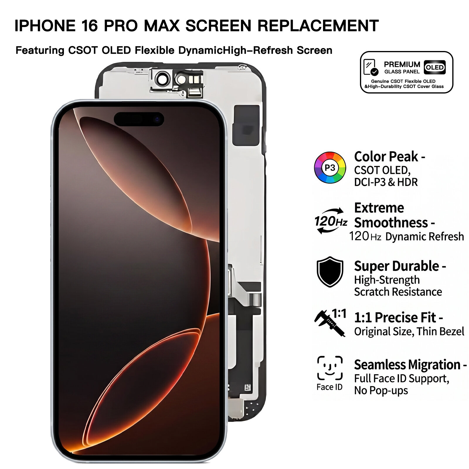 Гибкий OLED-экран-замена для iPhone 16 Pro Max: 120 Гц, рамки 0.9 мм, высший китайский класс