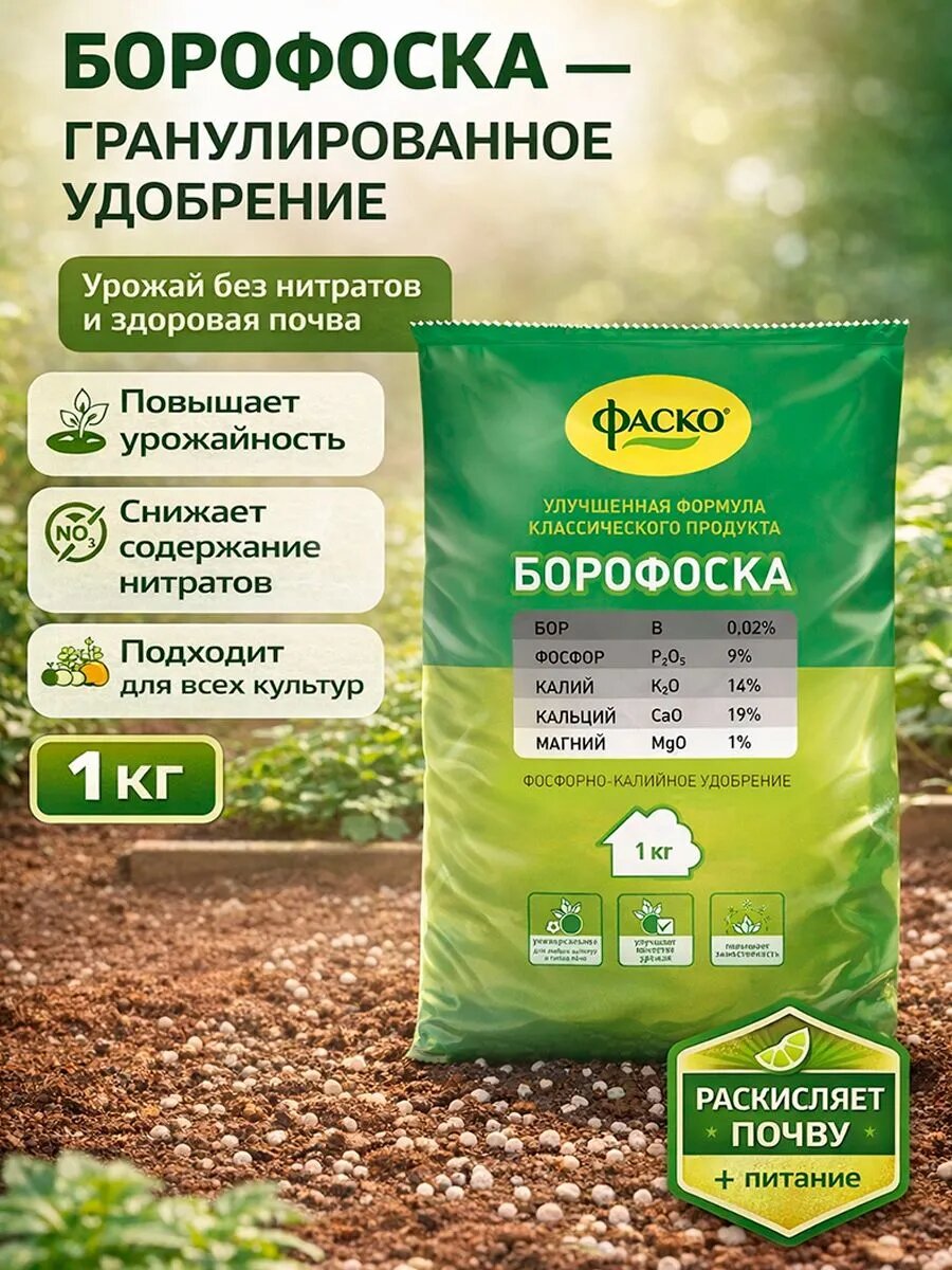 Удобрение сухое Борофоска 1 кг для всех садово-огородных культур, подкормка и заправка почвы Фаско