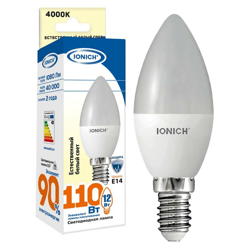 Лампа светодиодная C37 12Вт свеча 4000К E14 230В IONICH 1640