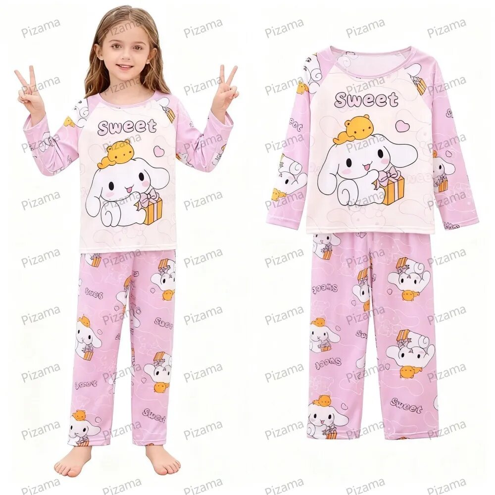 MINISO Комплект детской пижамы Sanrio для девочек, мягкая пижама с длинными рукавами Hello Kitty, детская пижама Cinnamon Dog, домашняя одежда Kuromi для малышей, Детский размер: 12 (115-125 см)