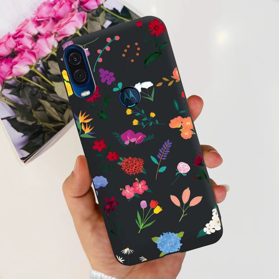 Мягкий чехол для телефона Moto One Action Case Capas Flowers, модный Черный, 630, One Vision
