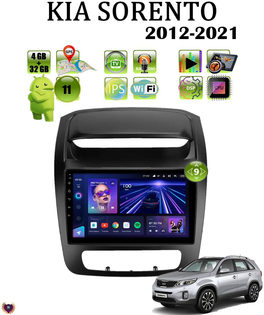 Автомагнитола для Kia Sorento 2 (2012-2021), Android 11, 4/32 Gb, Wi-Fi, Bluetooth, CarPlay, поддержка кнопок на руле