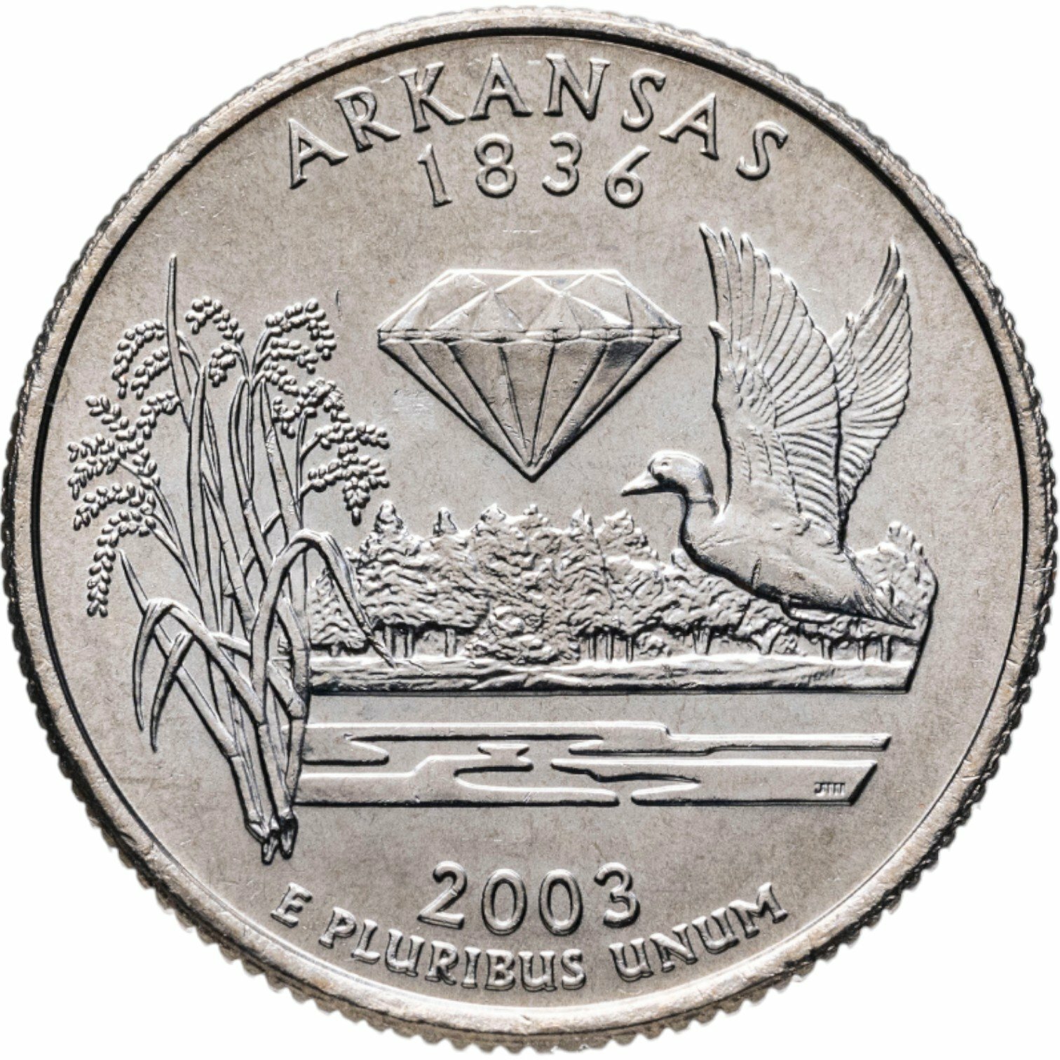 США 25 центов квотер, 1/4 доллара, quarter dollar 2003 P Арканзас Arkansas, знак монетного двора "P" - Филадельфия, Мельхиор медь-никель, в сохранности UNC