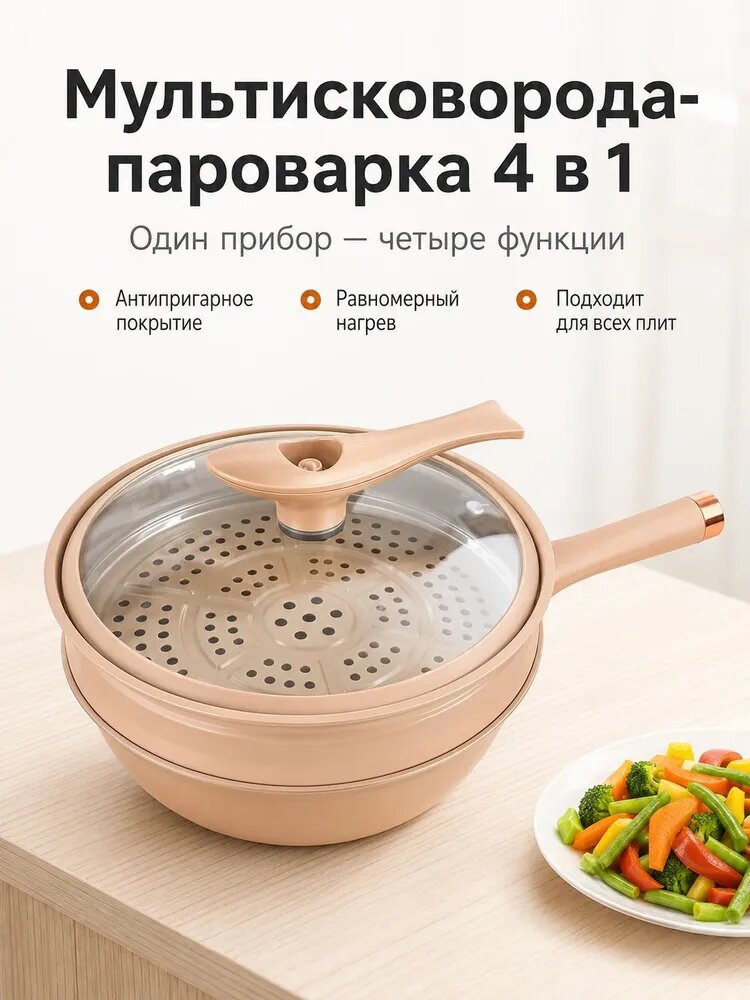 Сковорода Мульти сковорода пароварка 4 в 1, 32 см, с крышкой, с фиксированной ручкой