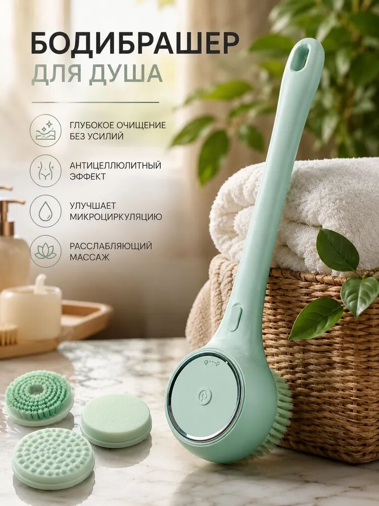 Бодибрашер для душа с длинной ручкой и сменными насадками