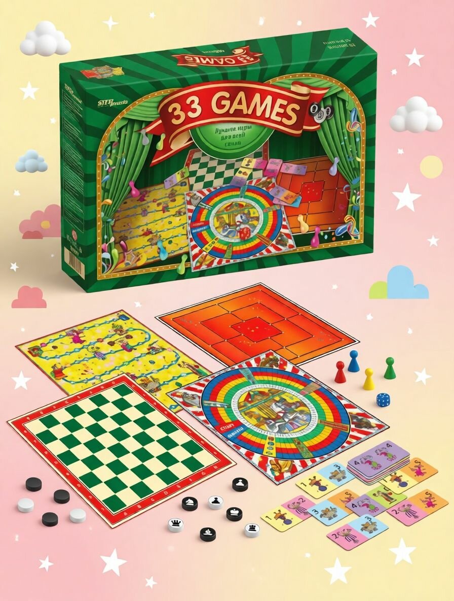 Игра настольная Step Puzzle "33 лучшие игры мира", 33 игры, двусторонние игровые поля, 32 фишки