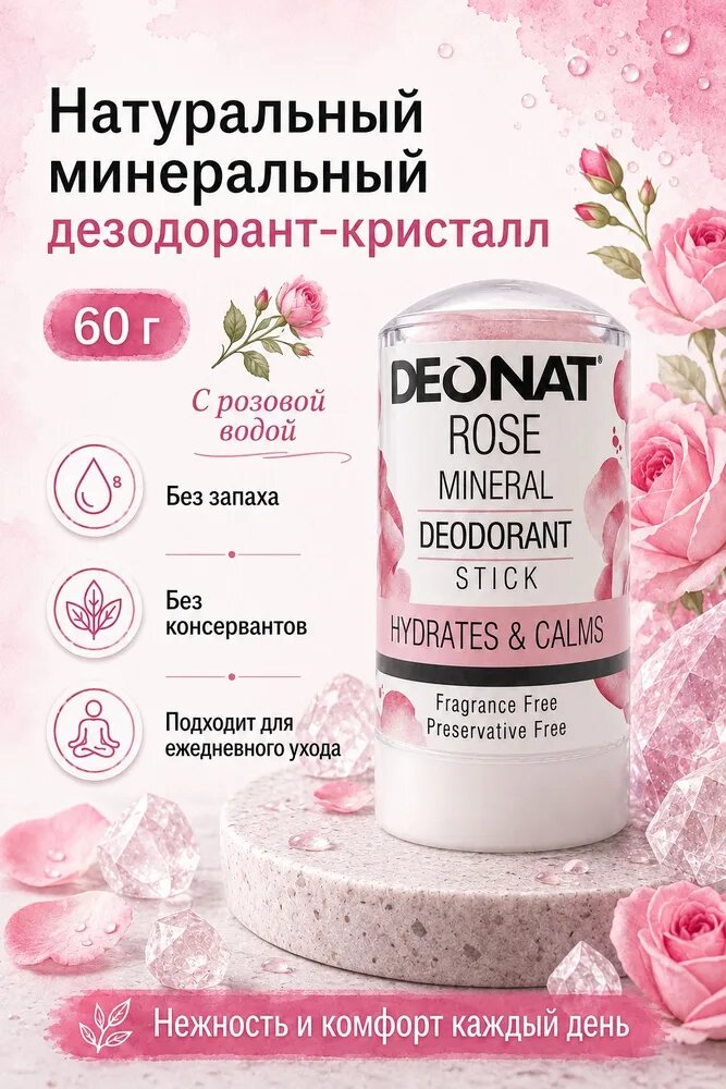 DeoNat/Дезодорант-Кристалл ДеоНат с розовой водой (экстракт цветков розы) , аммонийный , стик 60 гр.