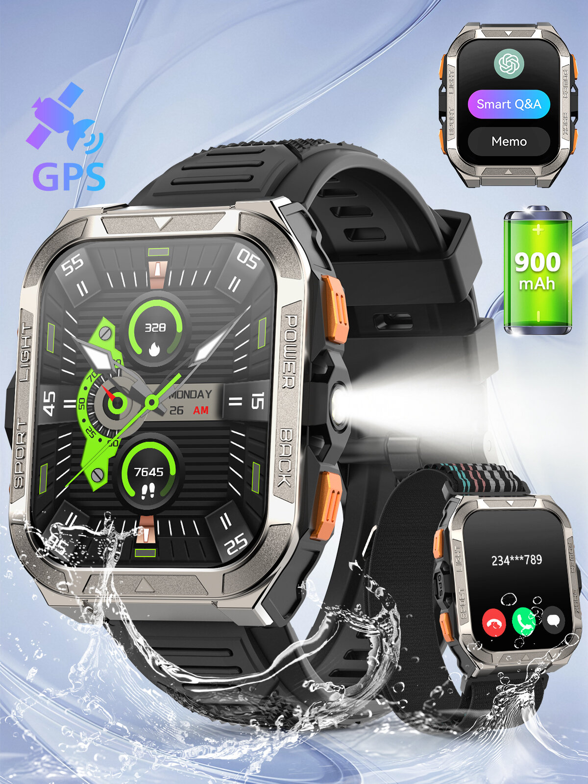 Военные Смарт Часы Мужские Blackview W80PRO Black, ChatGPT, с GPS, 900mAh, Сверхдолгая работа от заряда до 15 дней, водонепроницаемые, противоударные, царапиностойкий
