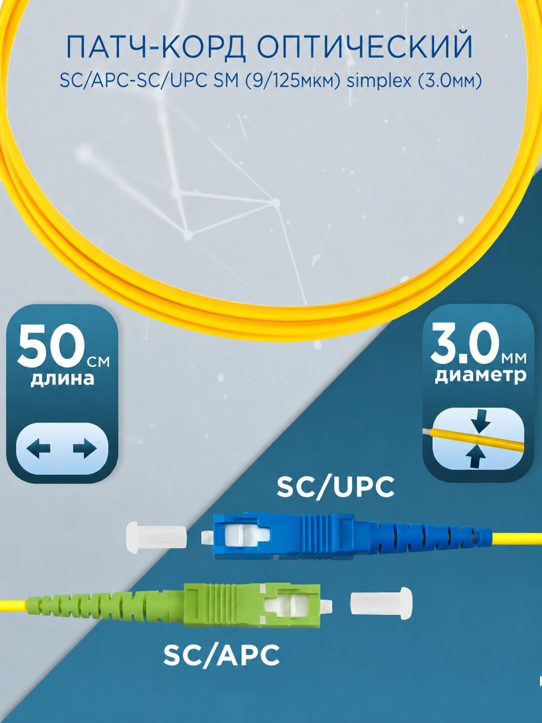 Патч-корд оптический SC/APC-SC/UPC SM (9/125мкм) simplex (3.0мм) 0,5м