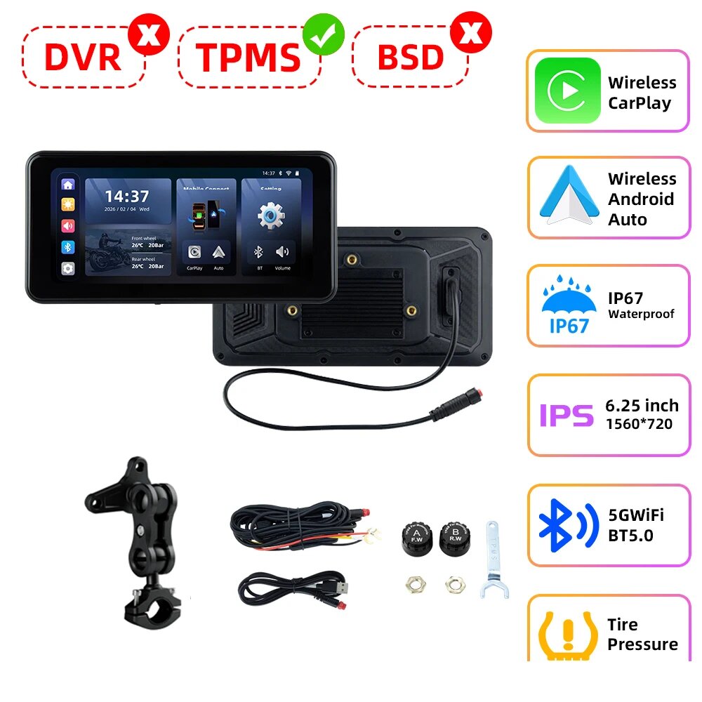 Мото навигатор 6.25" CarPlay Android Auto TPMS M17C-TPMS