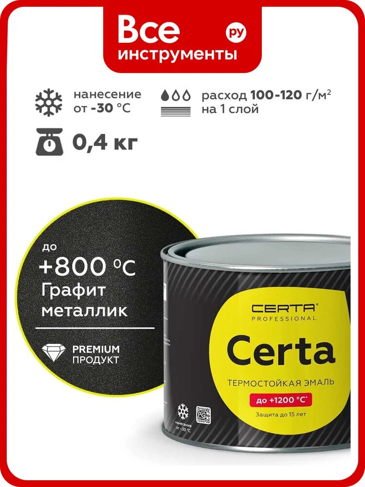 Термостойкая краска для металла, печей, мангалов, радиаторов, дымоходов, суппортов до 800С Certa & Professional графит металлик, 0,4 кг CHS00068