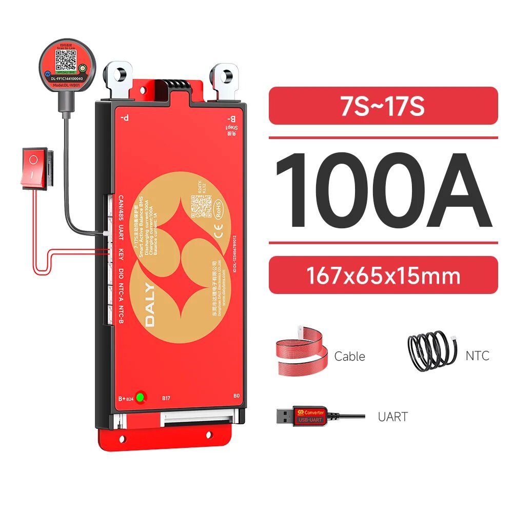 Активный BMS DALY Smart для LiFePO4 4S/8S/16S 24В/12В/48В 7S-17S 100A WIFI BMS