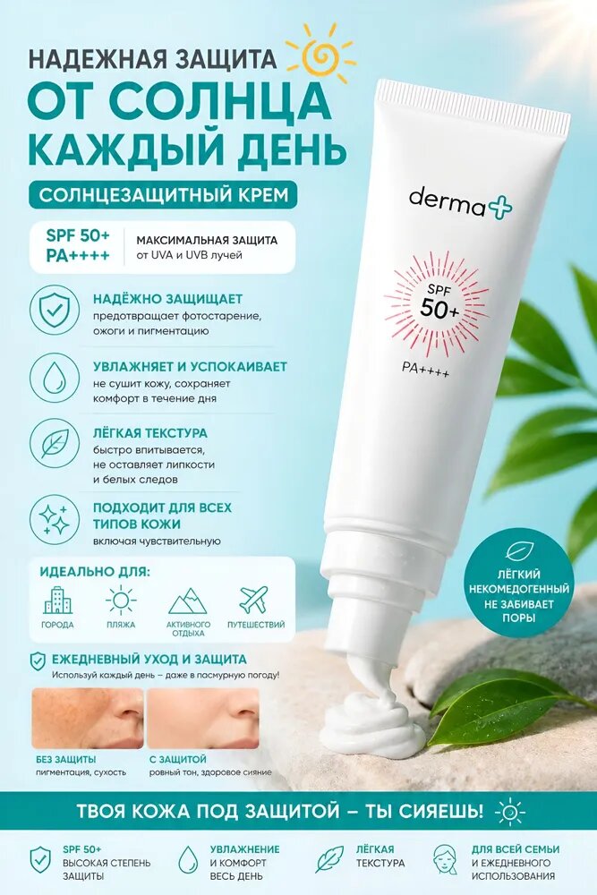 Солнцезащитный крем для лица SPF 50+ с пептидами (санскрин без липкости)