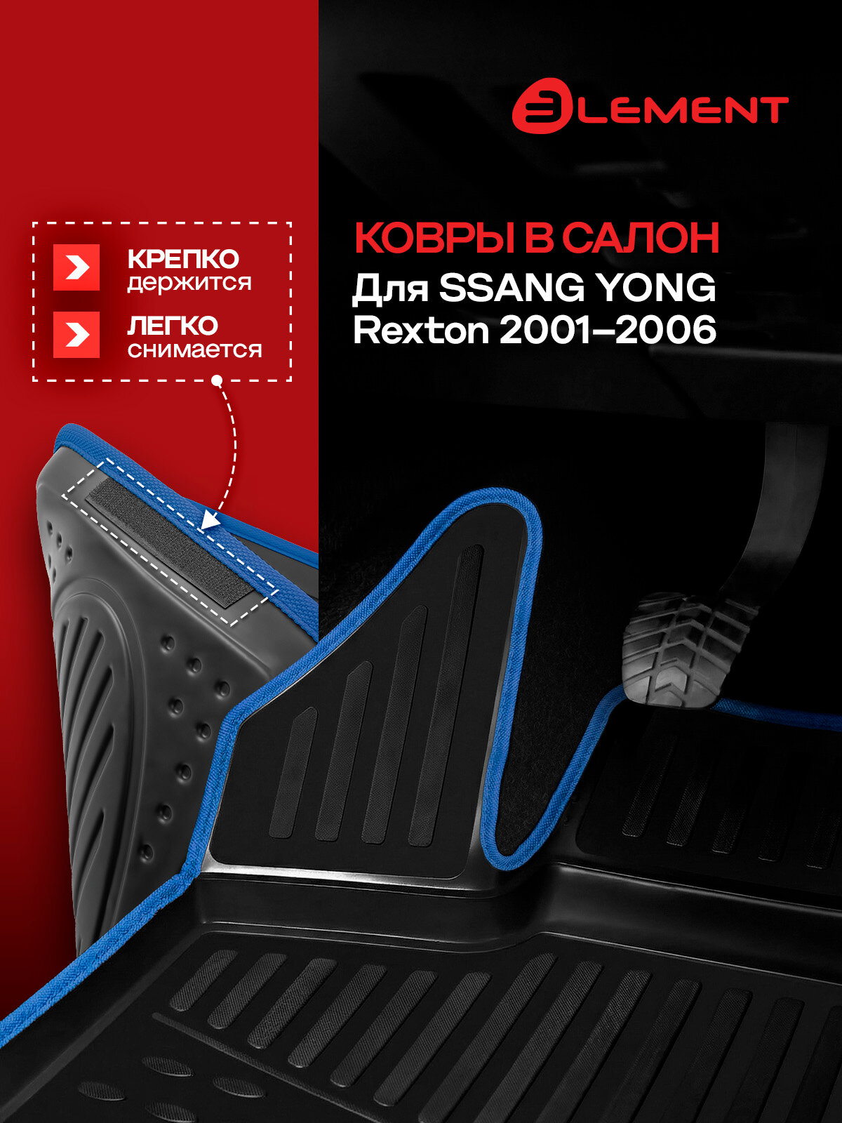 Коврики в салон для SSANG YONG Rexton 2001-2006, 4 шт (синий кант, полиуретан) / Саньенг Рекстон
