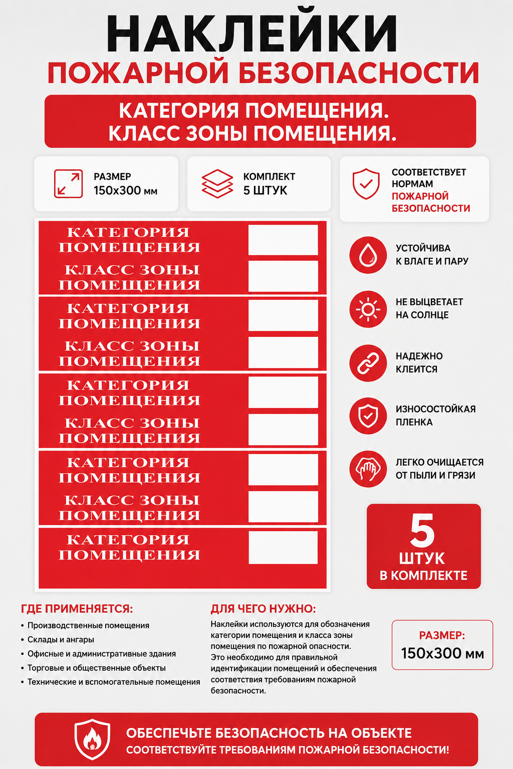 Наклейки пожарной безопасности Знак Категория помещения. Класс зоны помещения (Пленка 150 х 300) комплект 5 шт.