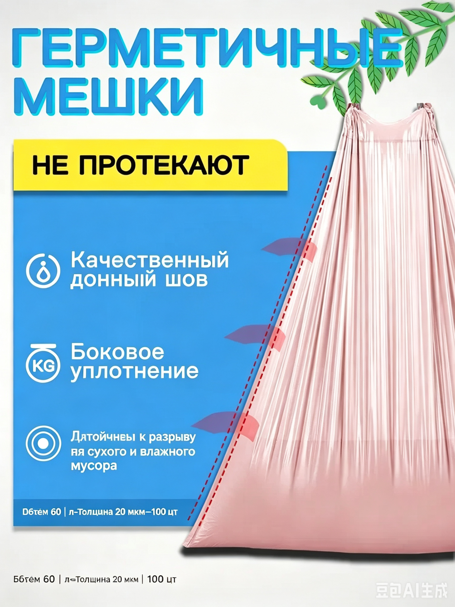Плотные полиэтиленовые мешки для мусора объемом 60 литров, толщина пленки 20 мкм, упаковка по 100 штук