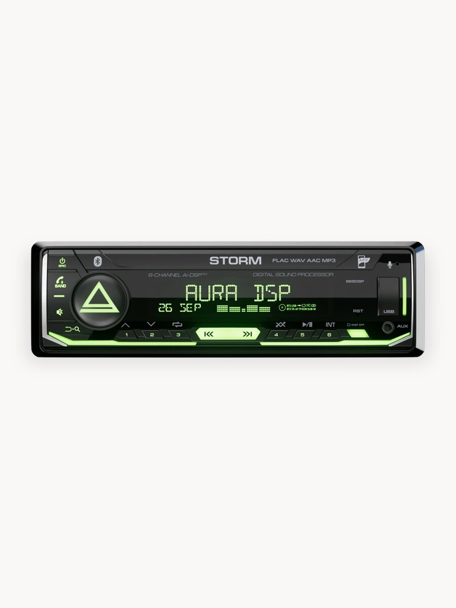 Процессорная магнитола AurA Storm-868DSP, 1DIN, Bluetooth, AUX, USB, RGB, 4x51Вт