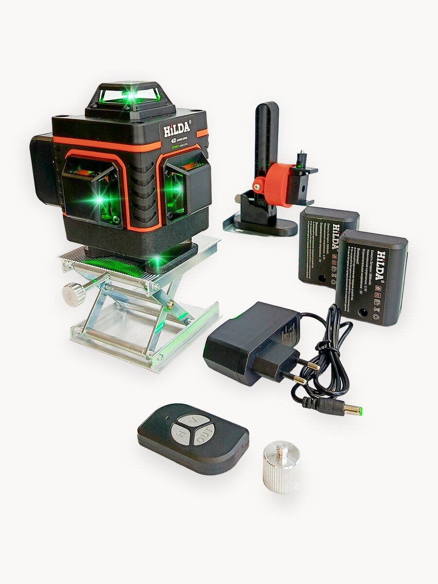 Лазерный нивелир HILDA 4D, зелёный луч, 16 лучей, 2 аккумулятора, самовыравнивающийся