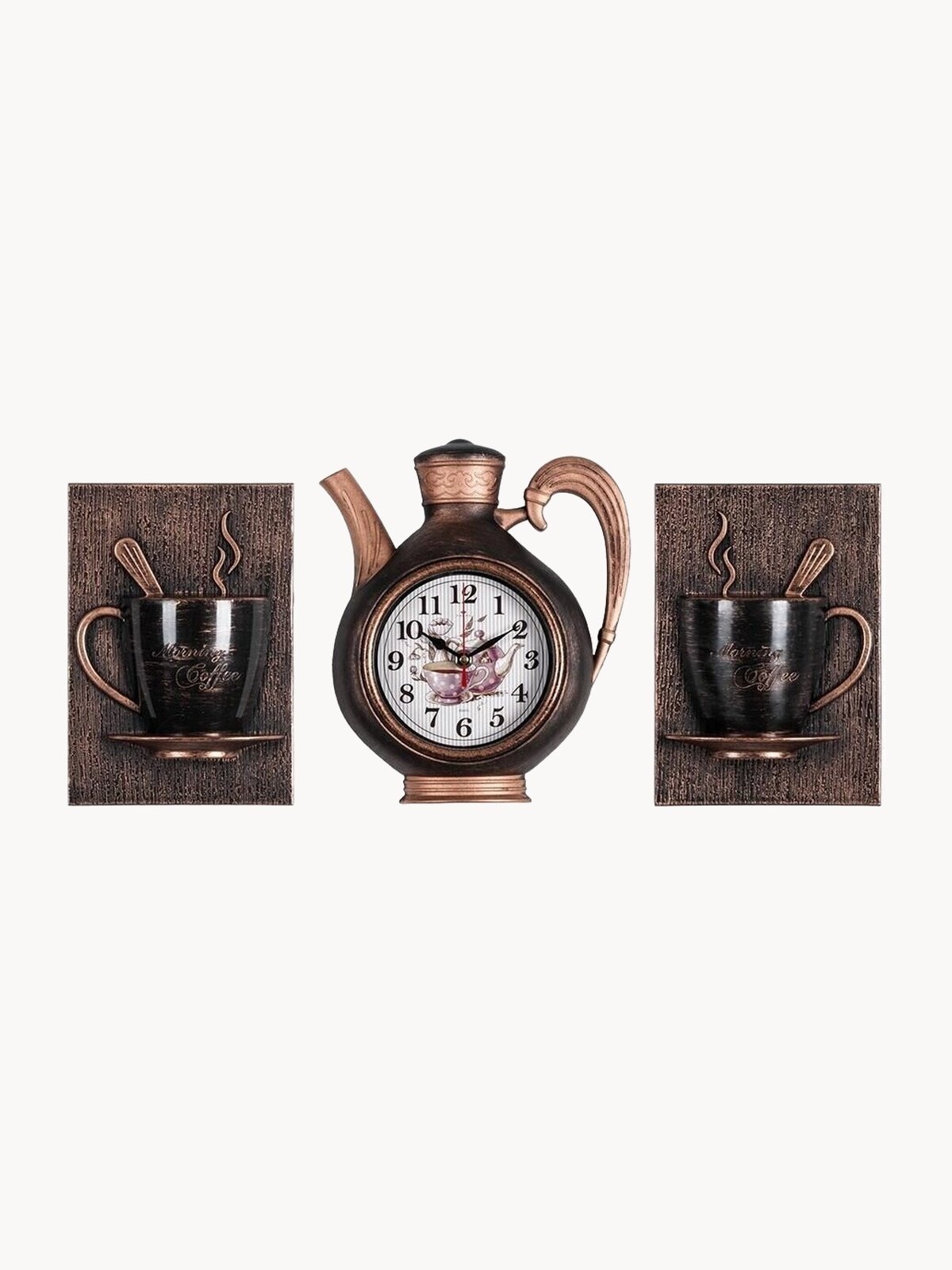 Часы настенные Рубин "Чайник +2 чашки" на кухню 26.5 х 53 см, кварцевый бесшумный механизм, корпус черный с медью