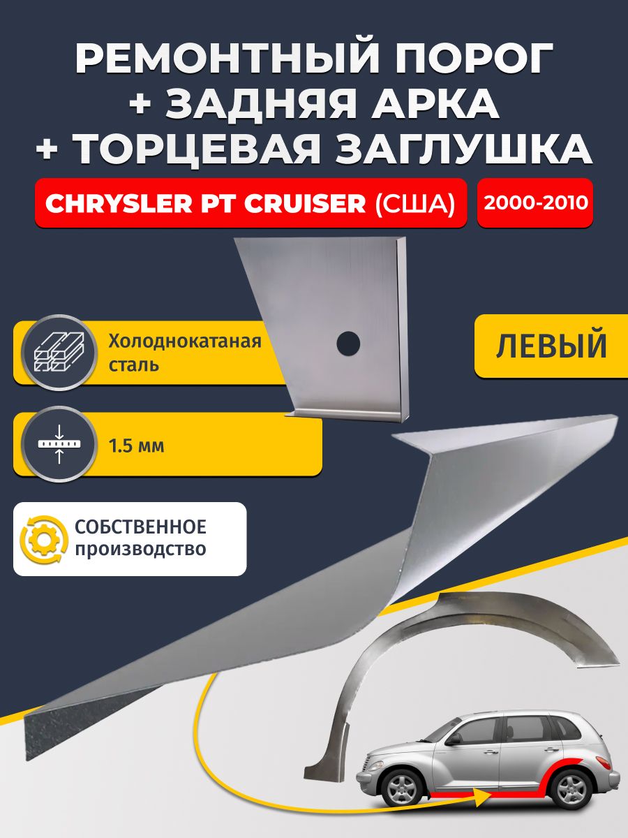 Левая задняя ремонтная арка (0,8 мм) и левый стандартный ремонтный порог (1,5 мм) + торцевая заглушка (1,5 мм) на Chrysler PT Cruiser США 2000-2010 (ПТ Круизер). Холоднокатаная сталь