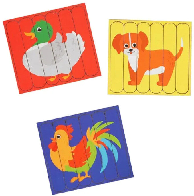 Деревянные двусторонние пазлы из палочек "Ферма. Собери 6 картинок", логическая головоломка, пазл с животными, развитие мелкой моторики и внимания