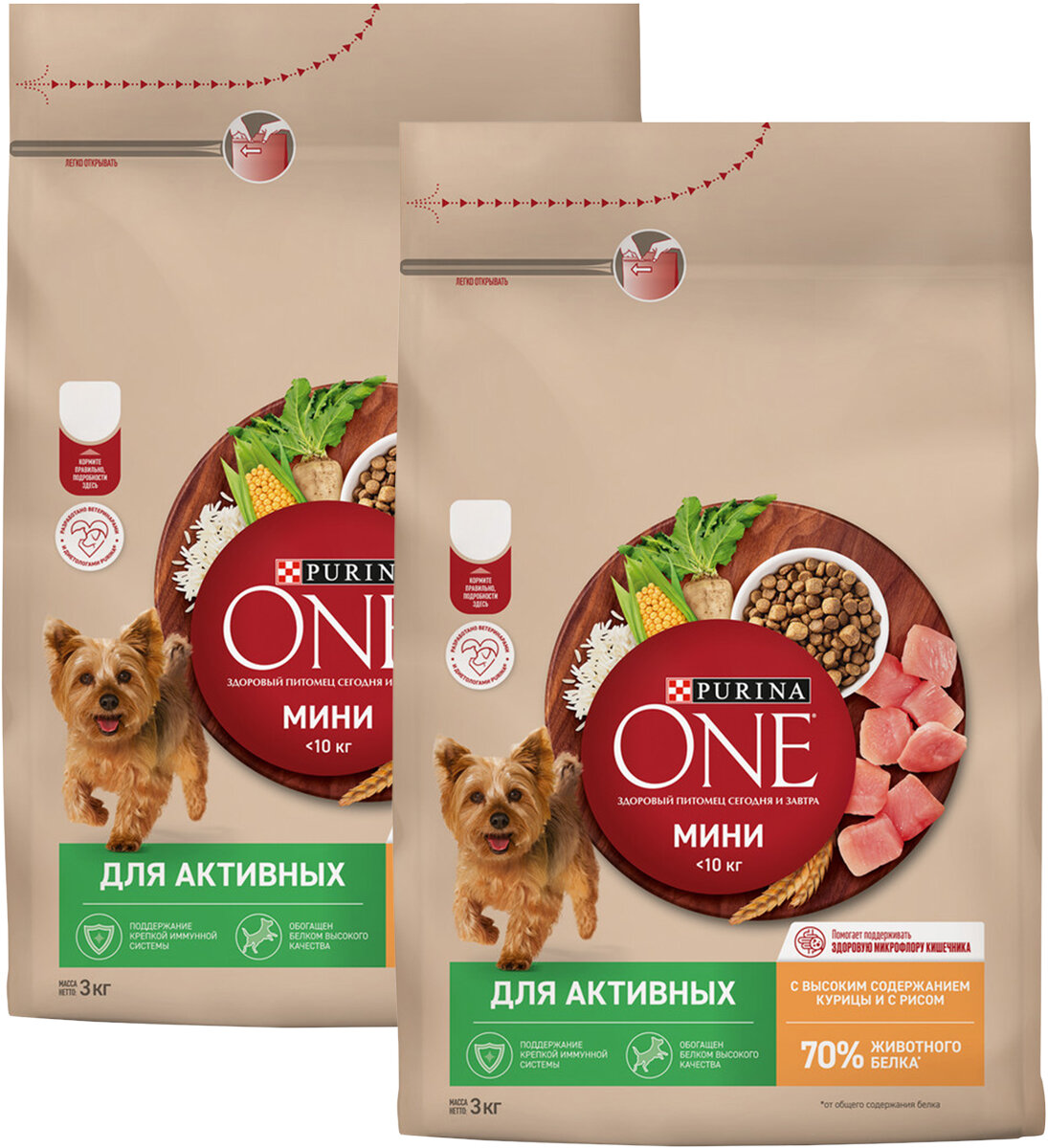 Корм сухой Purina One мини для взрослых собак мелких и карликовых пород при активном образе жизни, курица рис, 3 кг x 2 шт