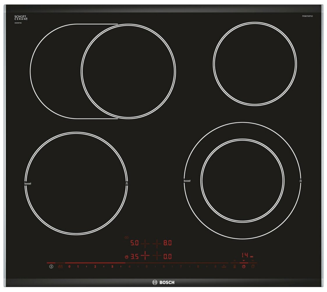Встраиваемая электрическая варочная панель Bosch PKN675DP1D 00-00008215, 4 конфорки, стеклокерамика