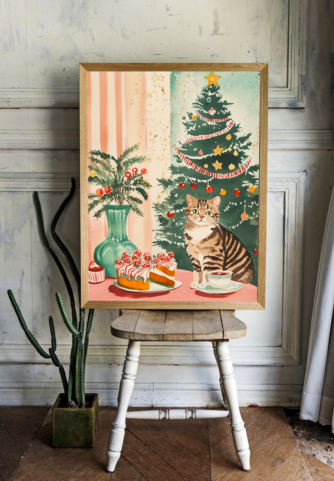 Постер "Кот у ёлки с пирожными" 60x90 без рамы
