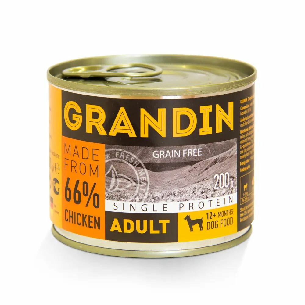 Grandin Влажный корм (консервы) для взрослых собак всех пород, с курицей и льняным маслом, 200 гр.