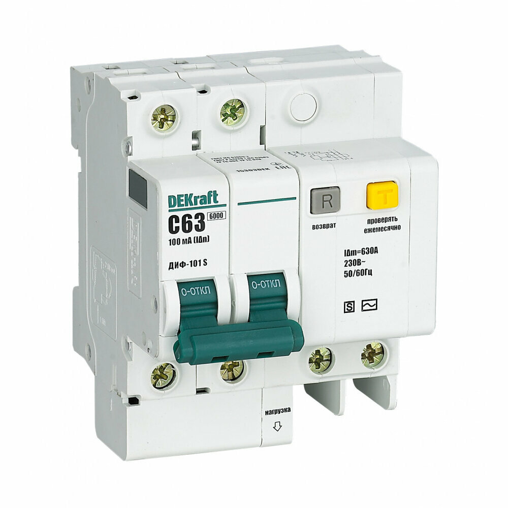 DEKraft АВДТ со встроенной защитой от сверхтоков 2P 63A 100мА селективный ДИФ-101 S