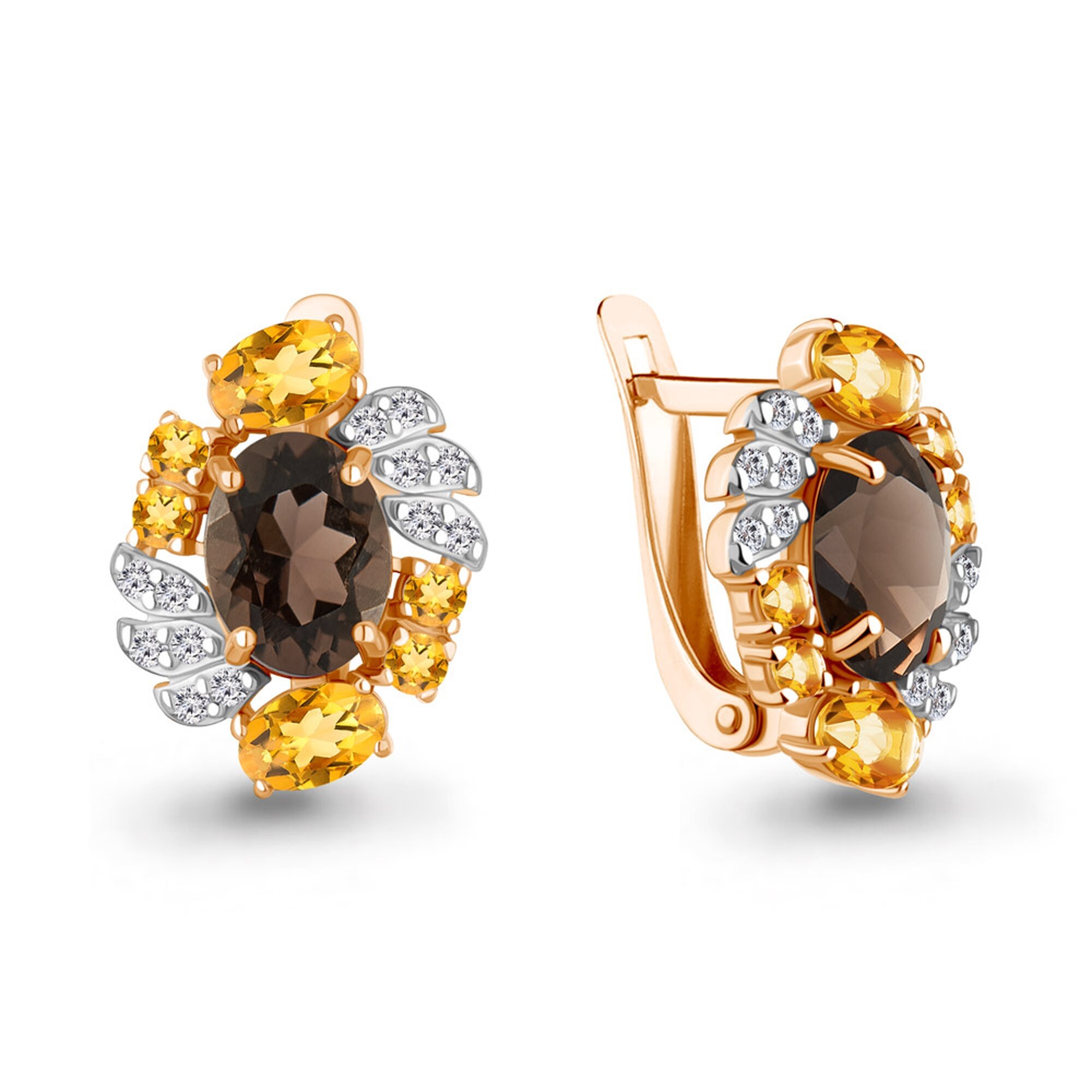 Серьги, серебро, 925 проба, золочение, кварц, фианит, цитрин