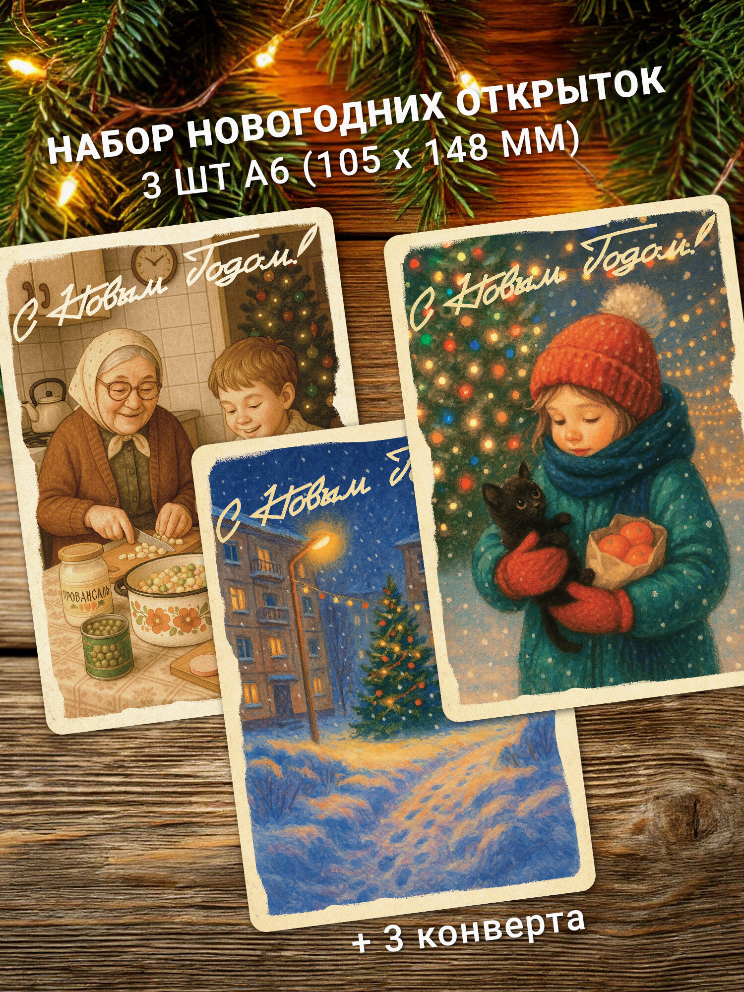 Набор из 3 новогодних открыток • Формат А6 • 3 крафтовых конверта в комплекте