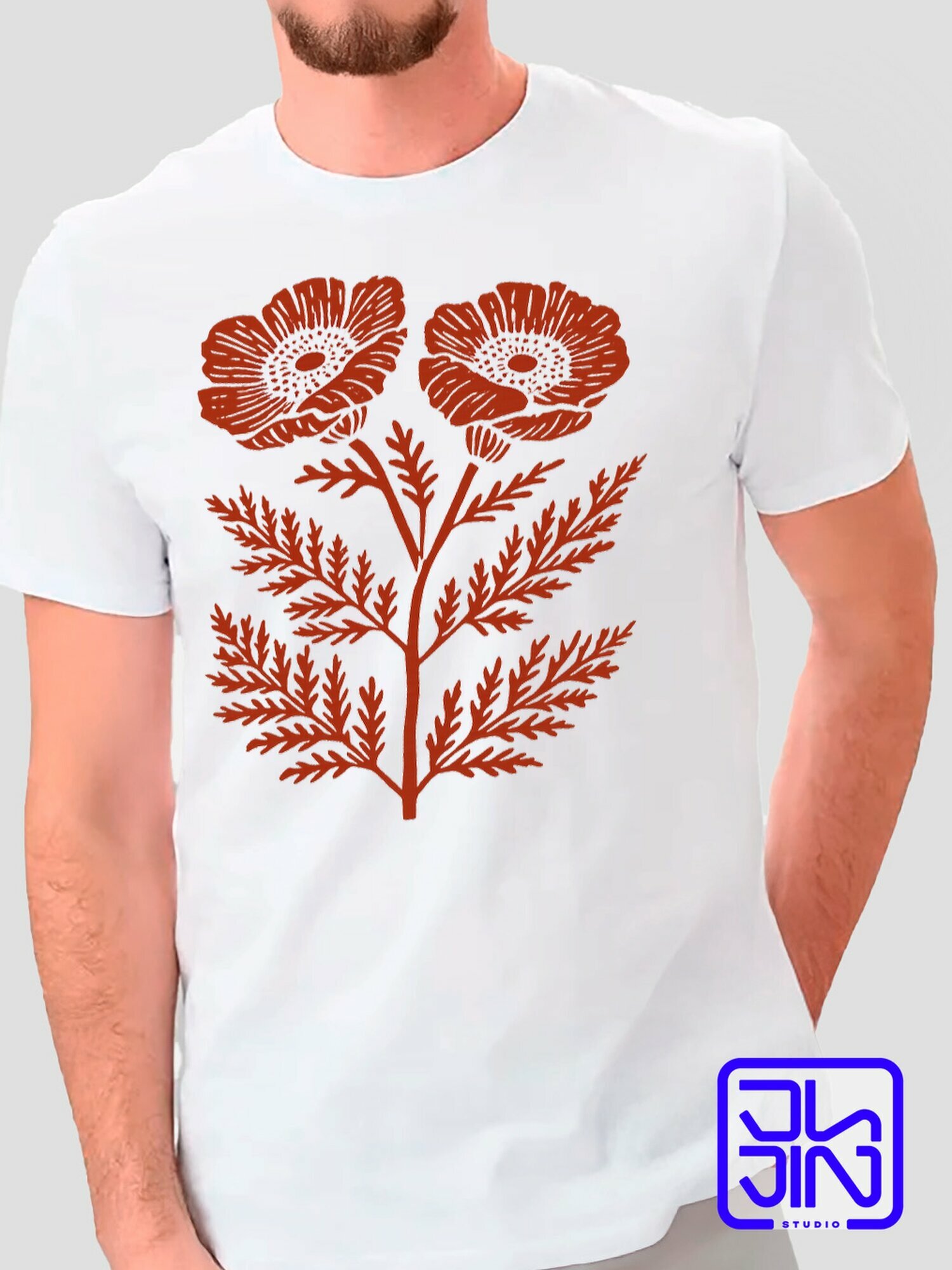 Футболка классическая мужская с авторским принтом Белые маки на терракотовом фоне, минималистичная цветочная природа, белый хлопковый трикотаж с прикольным рисунком на груди