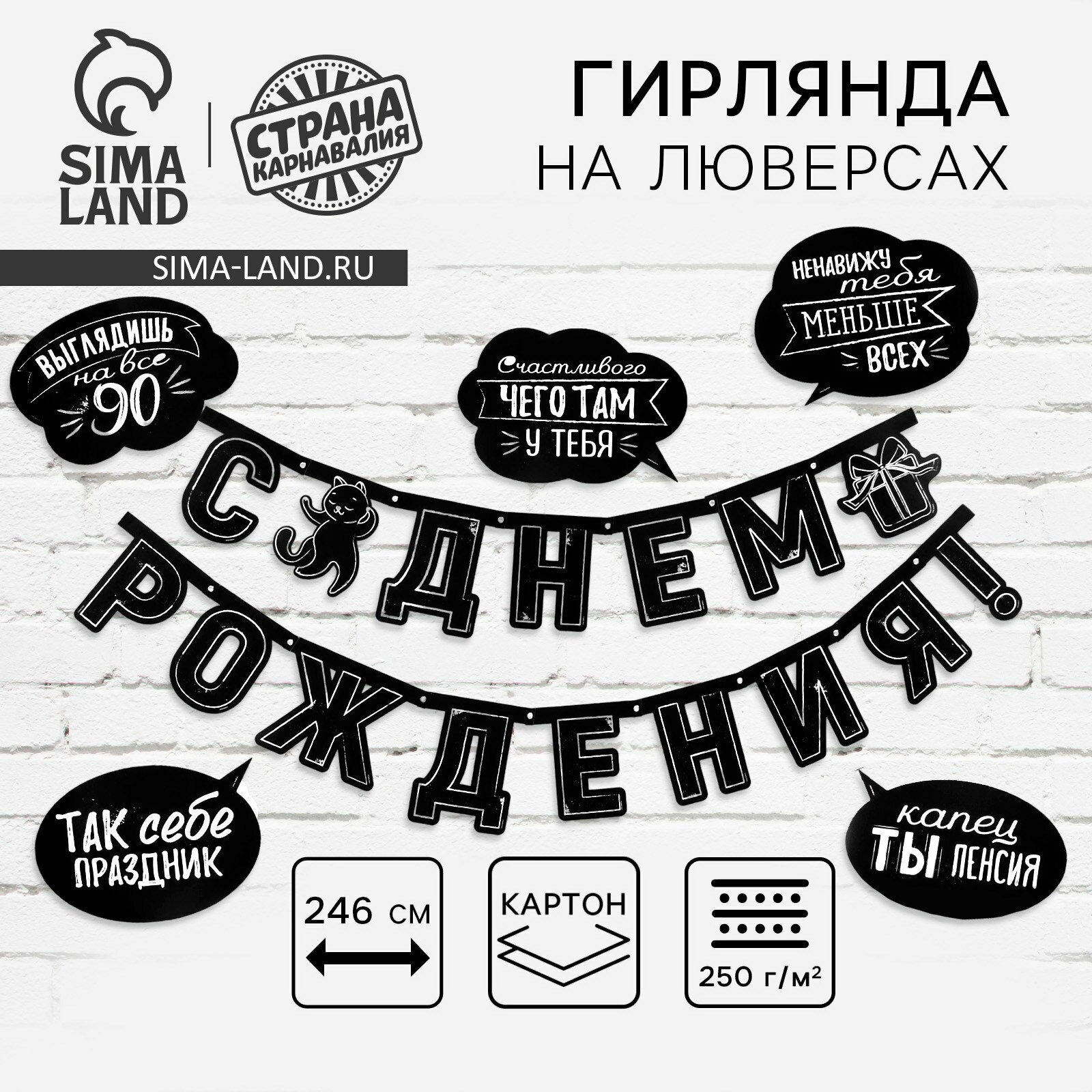 Гирлянда на люверсах с украшениями 5 шт. "С Днем рождения!", черно-белый, длина 246 см