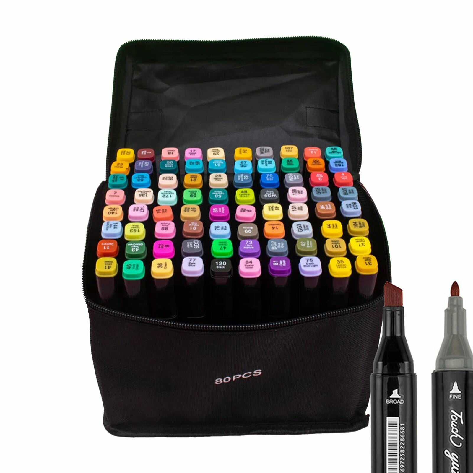 Маркеры для скетчинга двусторонние, набор 80 шт, текстильный чехол