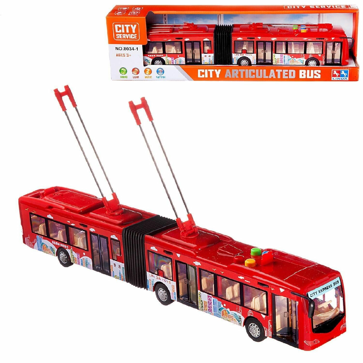 Машинка ABtoys "Троллейбус", 45 см, фрикционный, красный, со светом и звуком