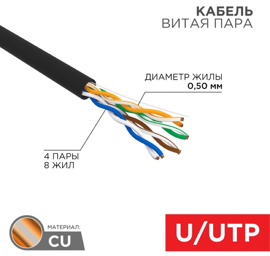 Кабель информационный REXANT / Рексант Outdoor solid 24AWG 4PR, витая пара, медь PE, черный, U/UTP, cat5e, 4 пары, 5.1мм, 305м / электрика