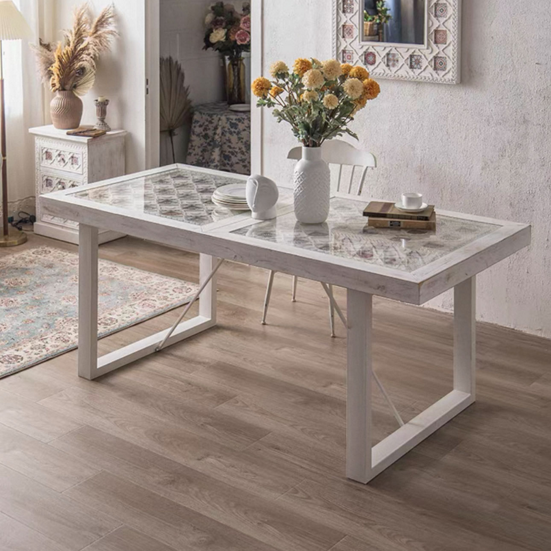 Деревянный обеденный стол со стеклянной столешницей в американском ретро стиле Reisina