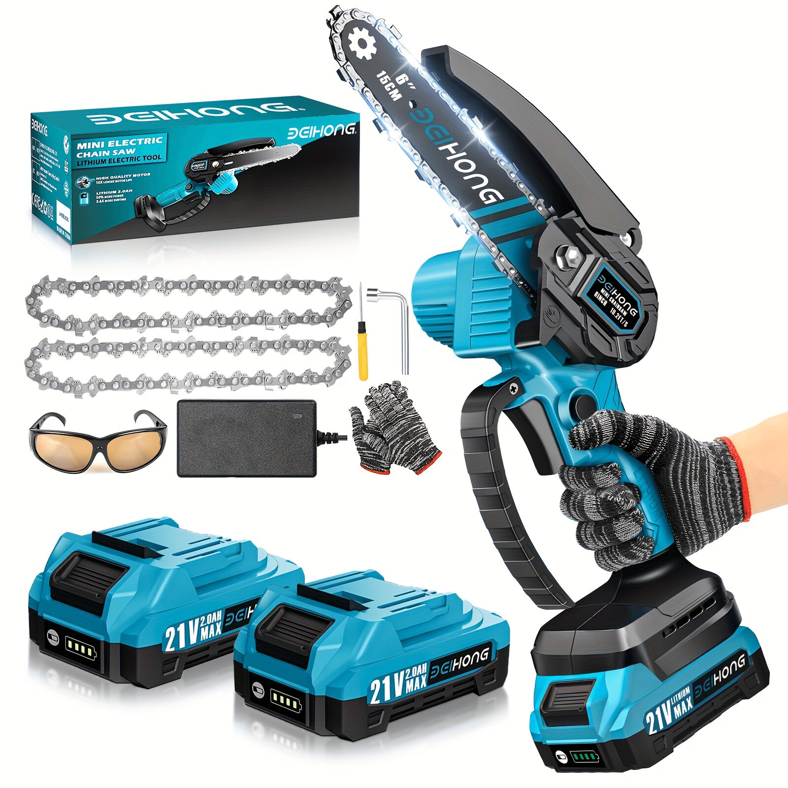 1 шт BEI & HONG 6-дюймовая мини-беспроводная цепная пила, 21 В, с 2 перезаряжаемыми аккумуляторами, электрическая ручная цепная пила 110 В-130 В для резки дерева и обрезки деревьев, пластиковый корпус
