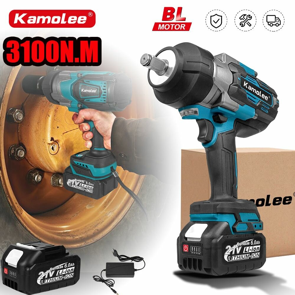 Бесщеточный электрический ударный гайковерт kamolee 3100 Н. м, 1/2 дюйма, 5000 Вт, 15000 об/мин, упакован в гофрокороб (аккумулятор 6,0 Ач*1 + зарядное устройство)