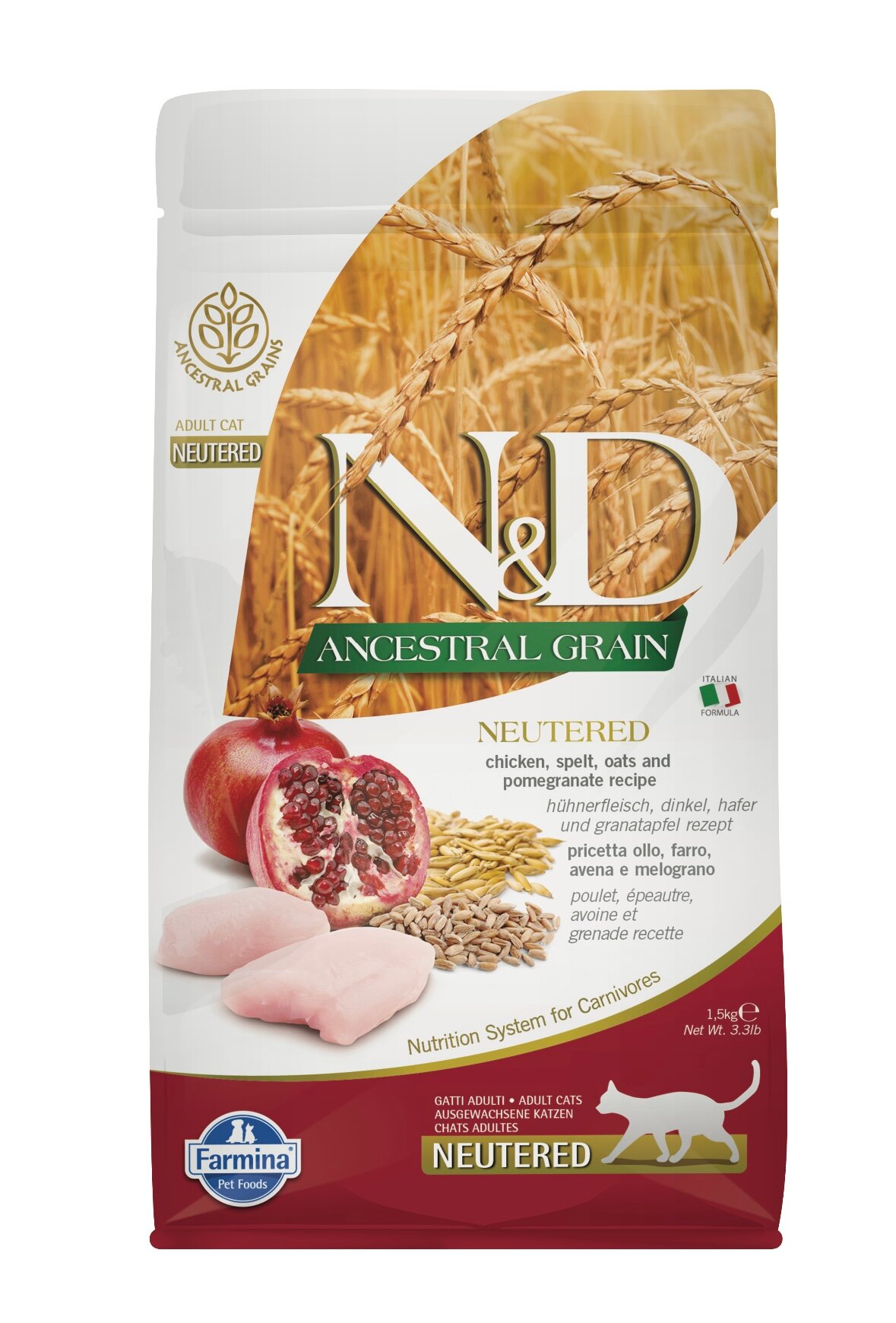 Корм сухой FARMINA ND ANCESTRAL GRAIN CAT Chicken Pomegrante Neutered для стерилизованных кошек с курицей и гранатом, 1,5кг
