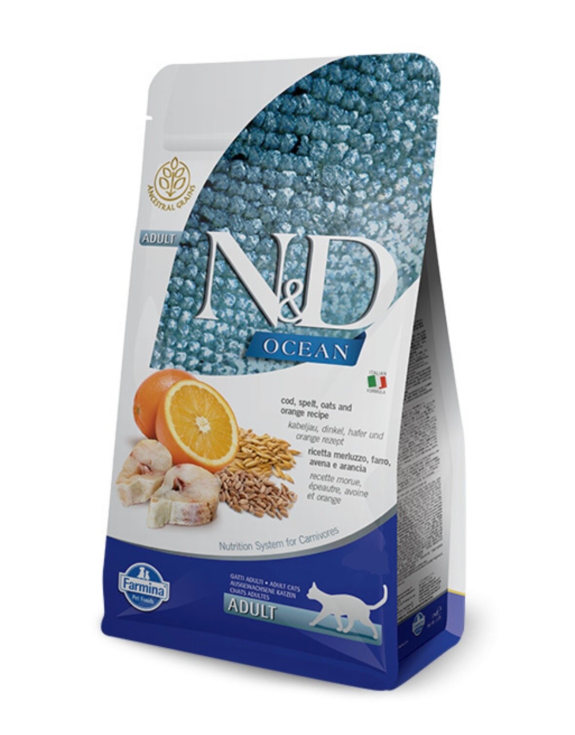 Сухой корм Farmina ND Ocean Cat Cod, Spelt, Oats, Orange Adult для взрослых кошек, треска, спельта, овес и апельсин, 300г