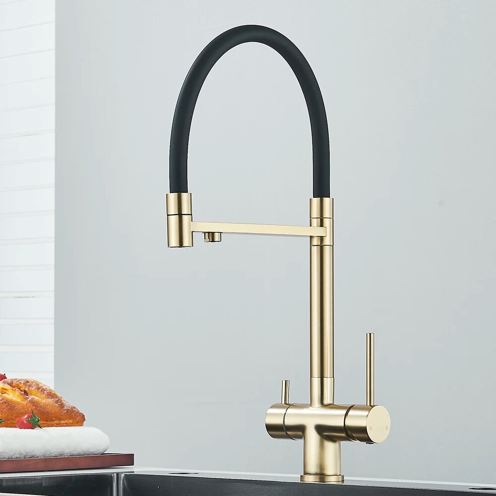 Смеситель для кухни Senlesen, серый вытяжной гибкий кран с фильтром, Поворот на 360 градусов, крепление на раковину, для горячей и холодной воды, Brushed Gold