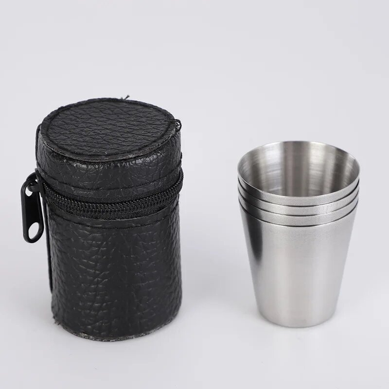 Стаканы из нержавеющей стали 4шт с кожаным чехлом, Color: 4cups1Case